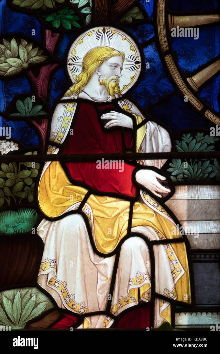Stained glass window depicting Christ in the Church of St Mary the ...