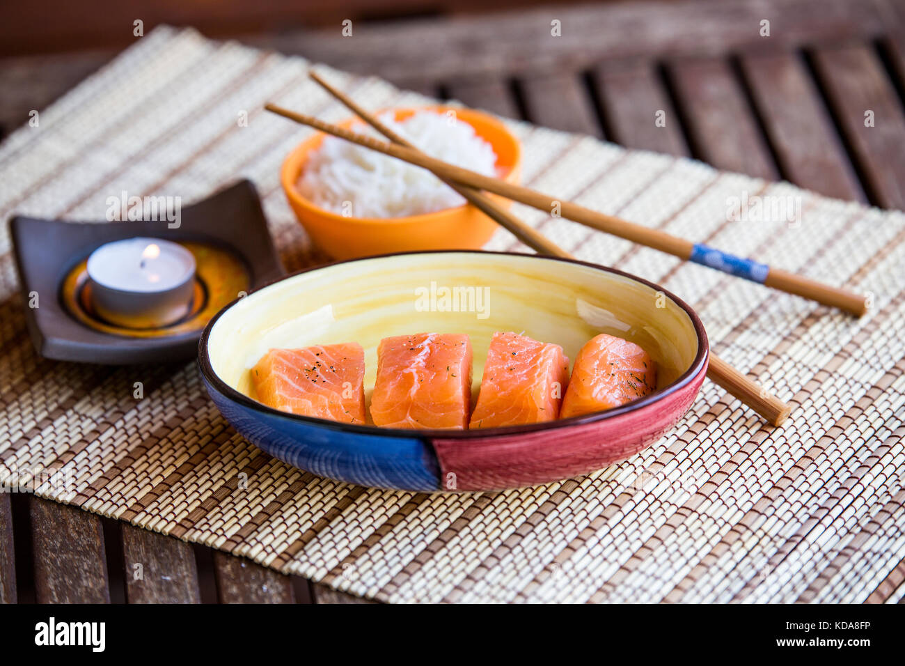 japanese background. Fresh salmon fish with rice in bowl. sushi Stock ...