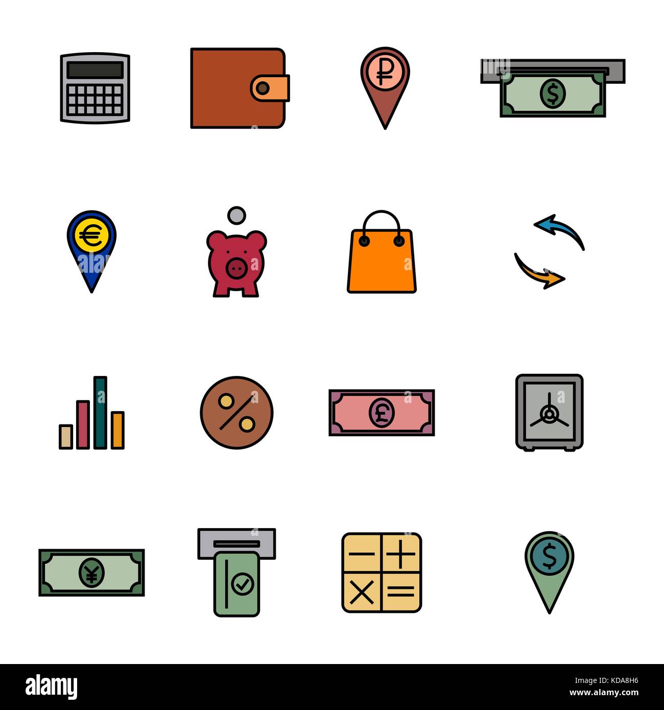Set of colored financial icons of thin lines. Flat style, vector ...