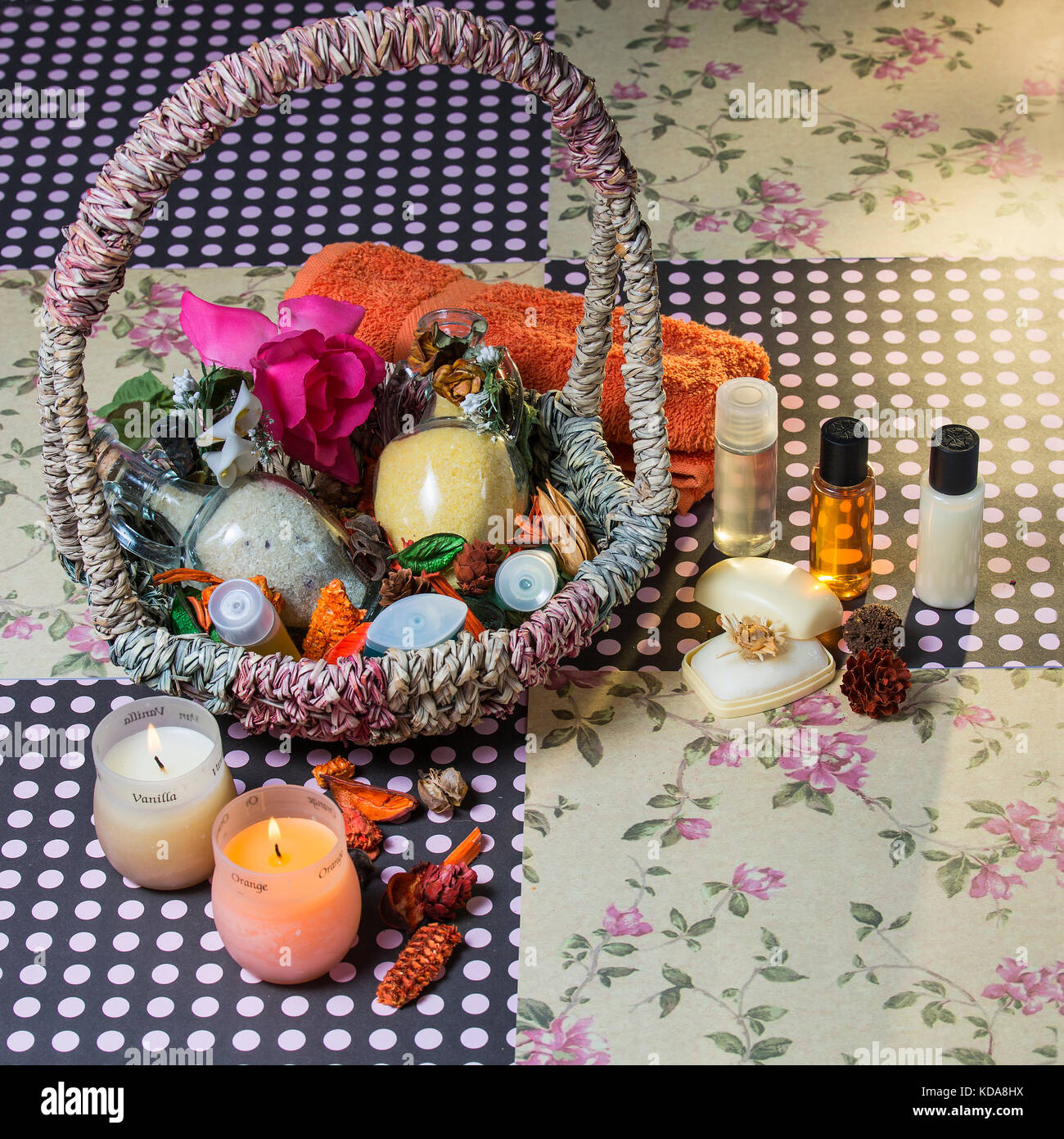 spa kit on wicker basket. Toiletries. Aromatic salt,soap,shampoo Stock ...