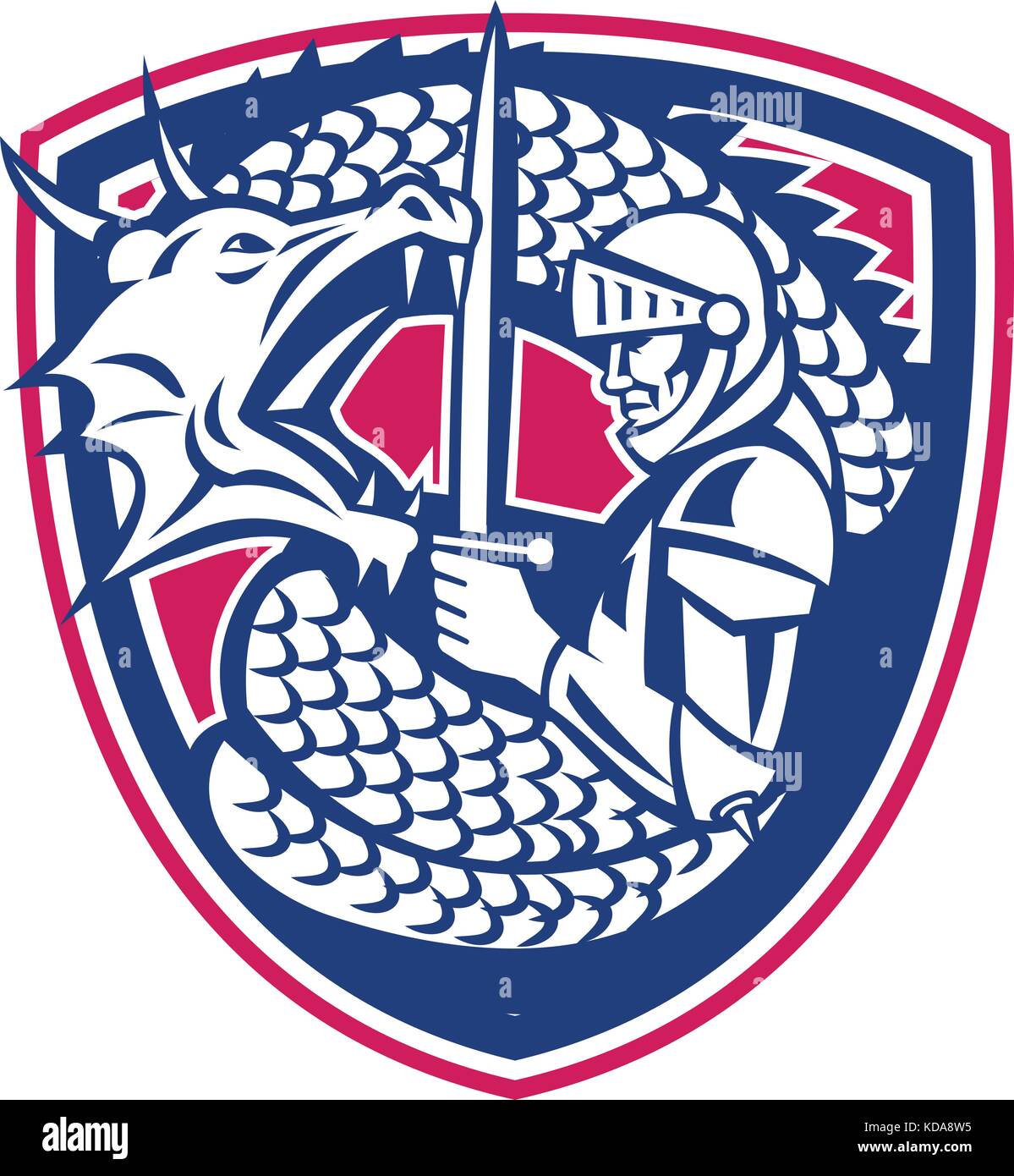 Retro style illustration of a Dragon coiling around St George Knight ...