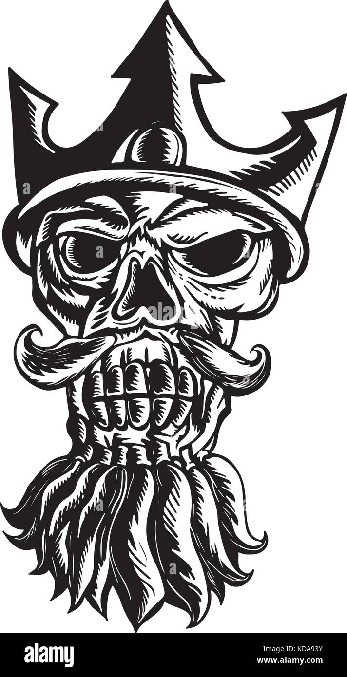 Scratchboard style illustration of Skull of Neptune wearing a trident ...