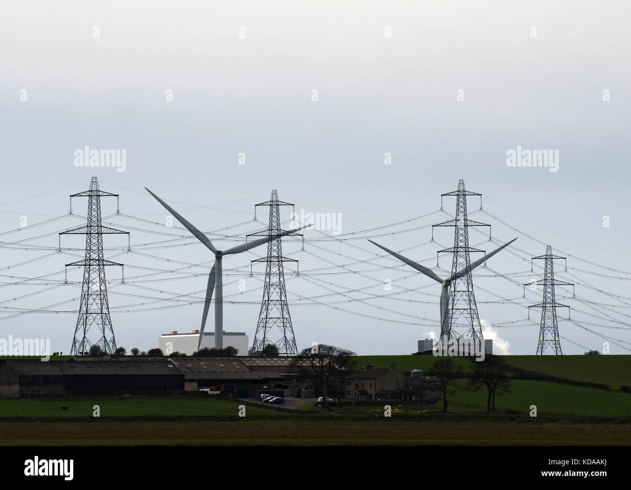 National Grid electricity transmission lines and pylons in front of ...
