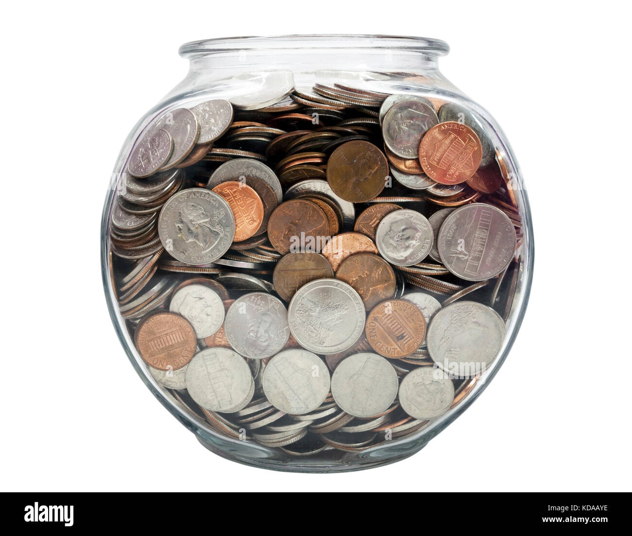 Glass jar filled with US coins. Isolated Stock Photo - Alamy