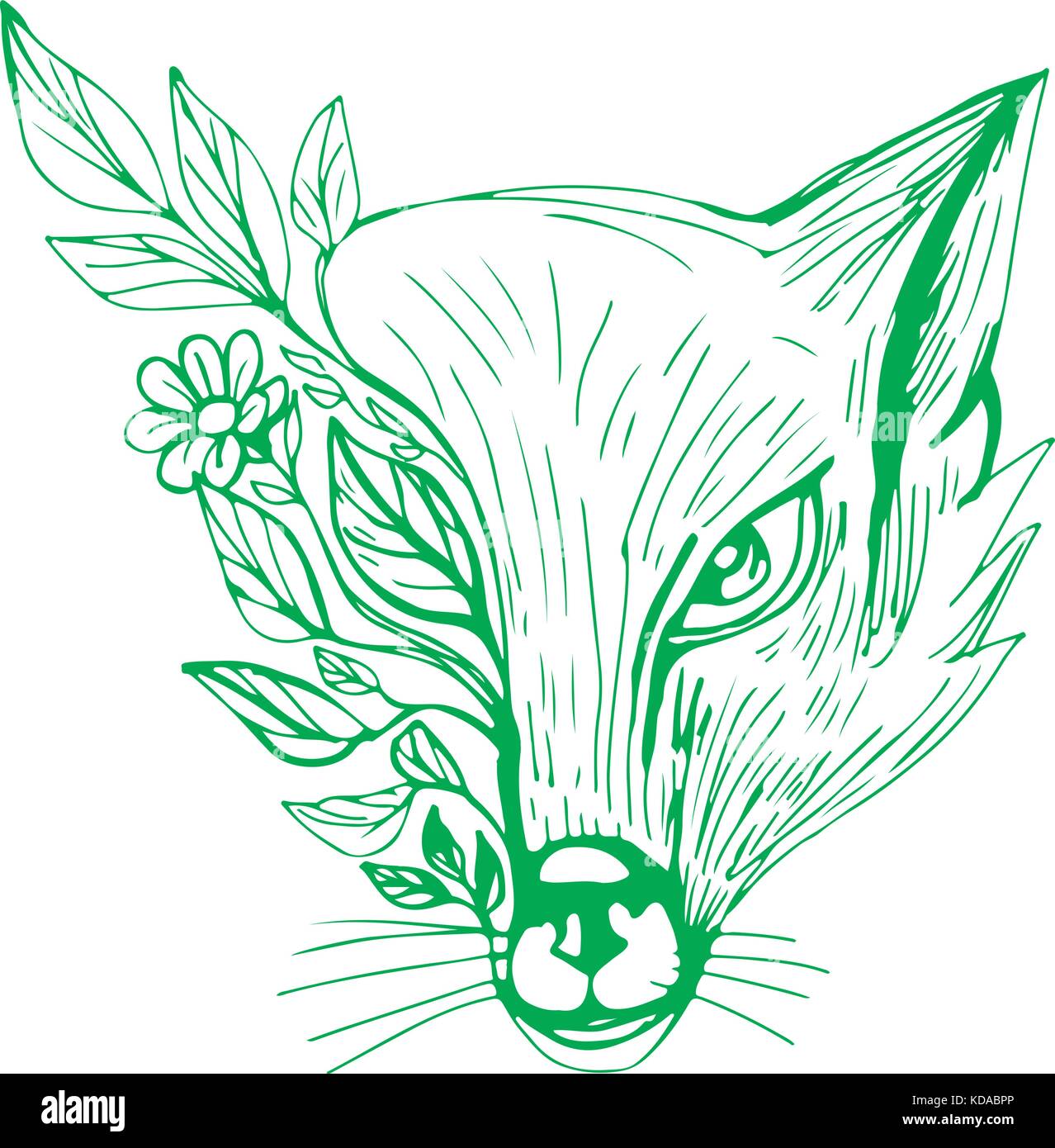 Drawing sketch style illustration of a Fox Head With Flower and Leaves ...