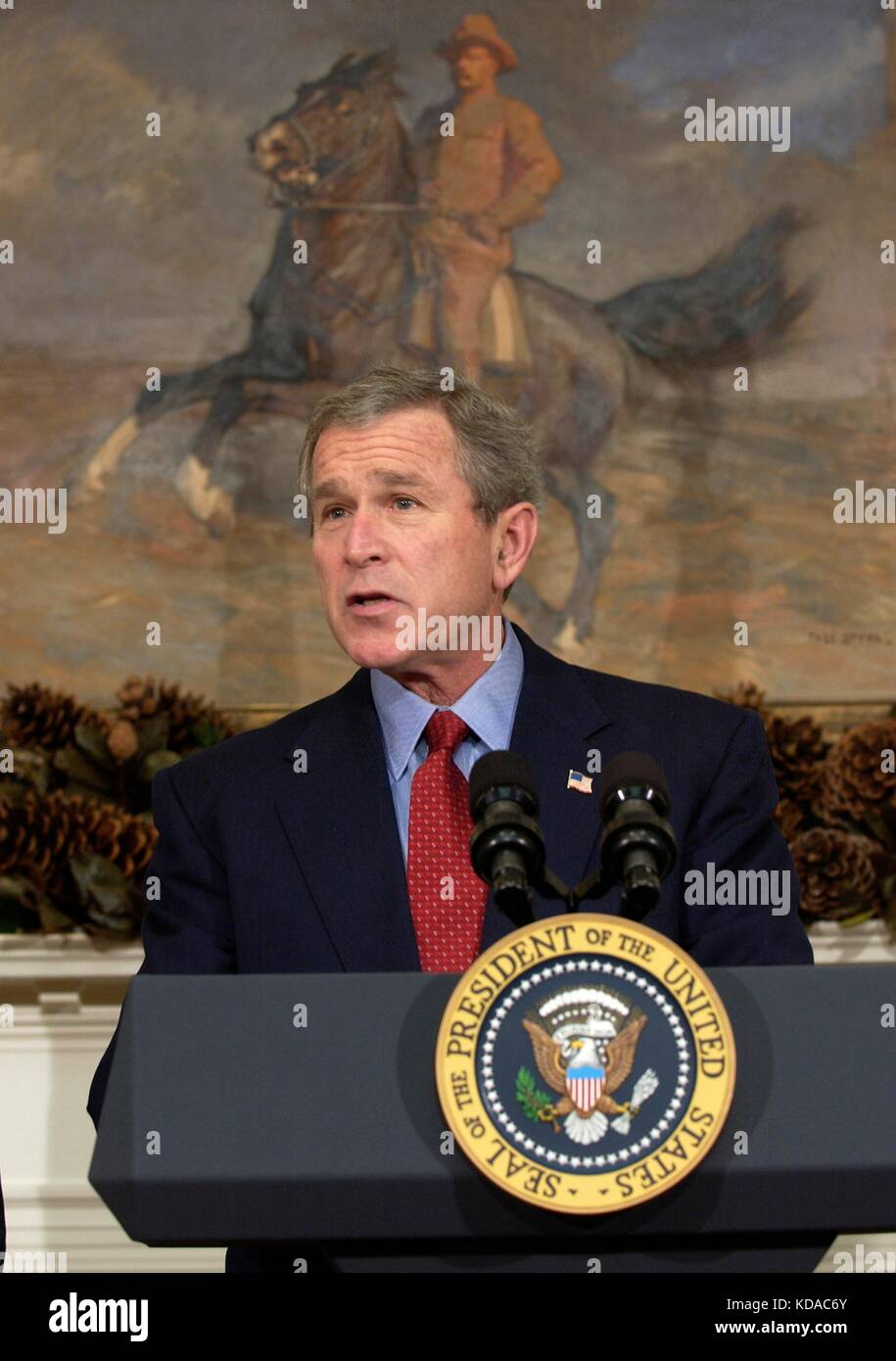 U.S. President George W. Bush speaks at the White House Roosevelt Room ...