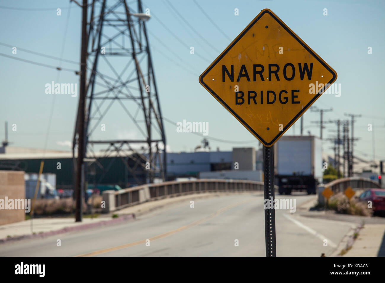 Narrow Bridge sign over Los Angeles River, downtown Los Angeles ...