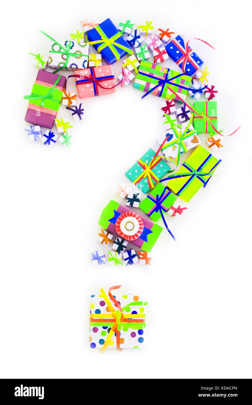 Question mark from gift boxes decorated with colorful ribbons Stock ...