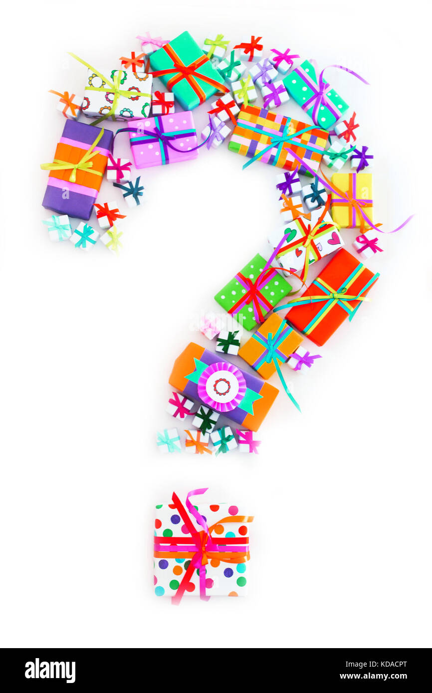 Question mark from gift boxes decorated with colorful ribbons Stock ...