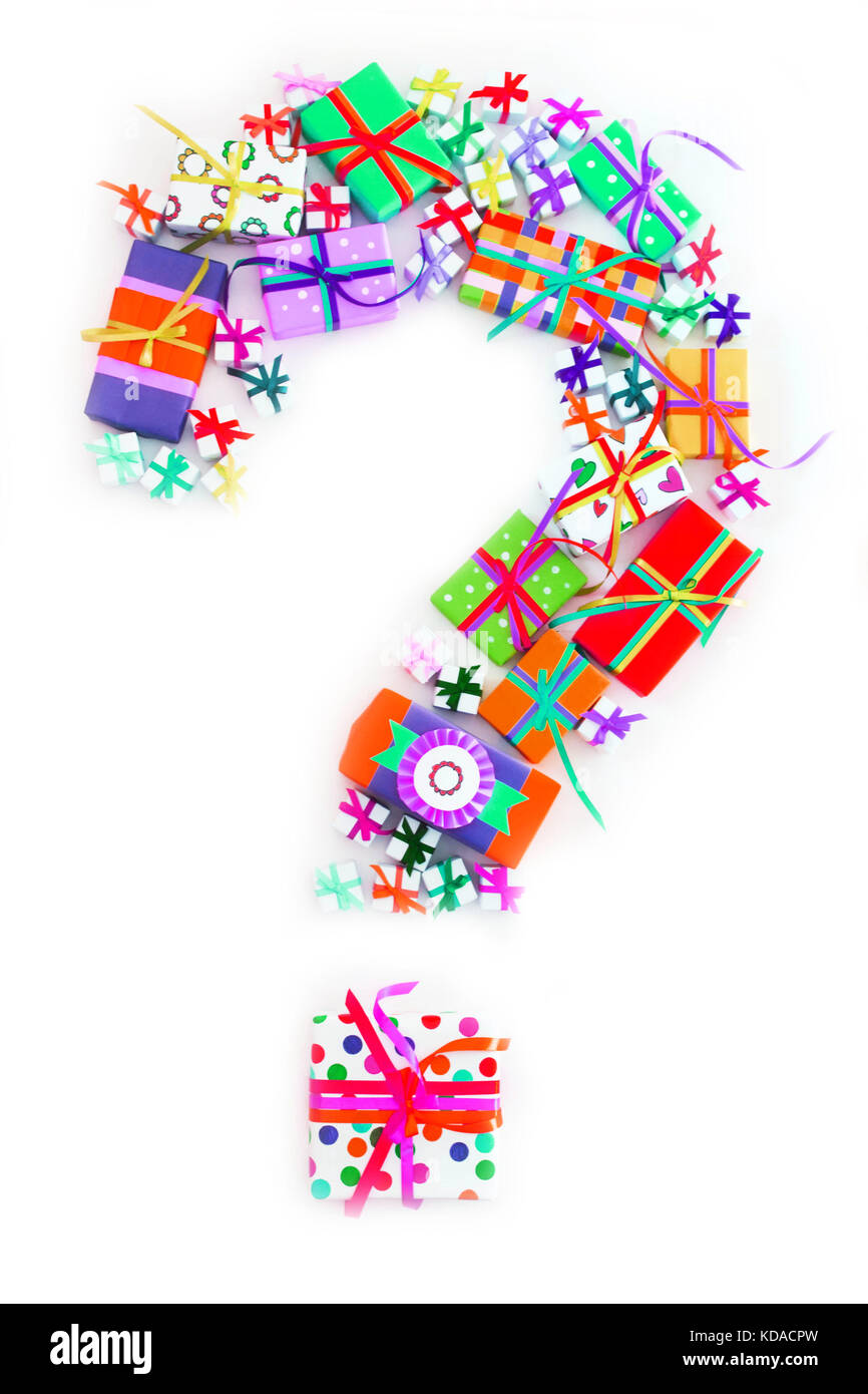 Question mark from gift boxes decorated with colorful ribbons Stock ...