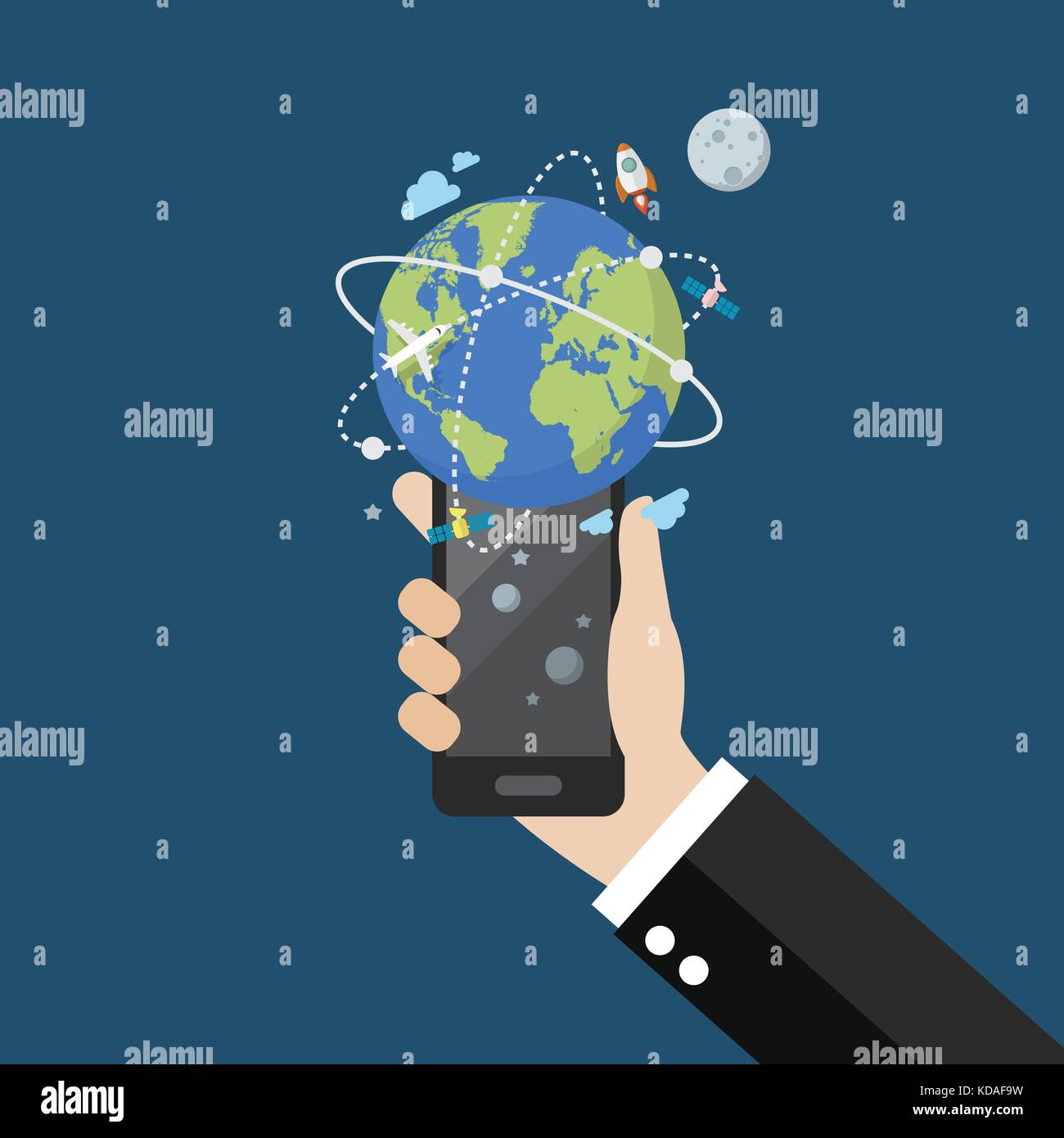 Hand holding smartphone with global network connection. Flat style ...