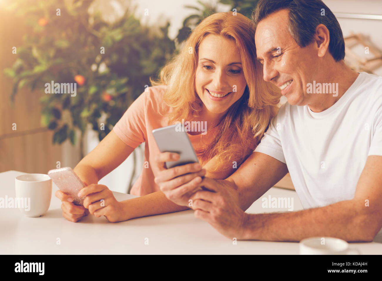 Positive minded couple sharing photos Stock Photo - Alamy