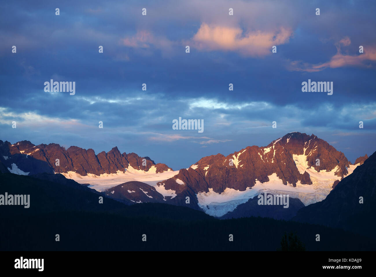 Mount Alice, Kenai mountains, seen from town Seward at sunset, Alaska ...