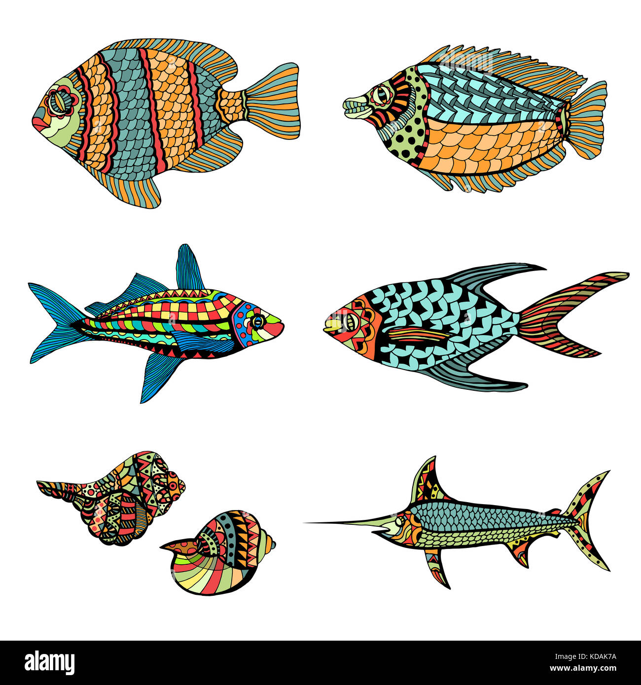 Set of Zentangle stylized Fish. Hand Drawn doodle illustration isolated ...