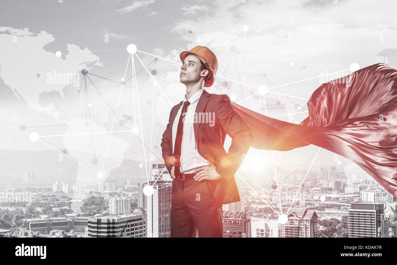 Concept of power and sucess with architect superhero in big city Stock ...
