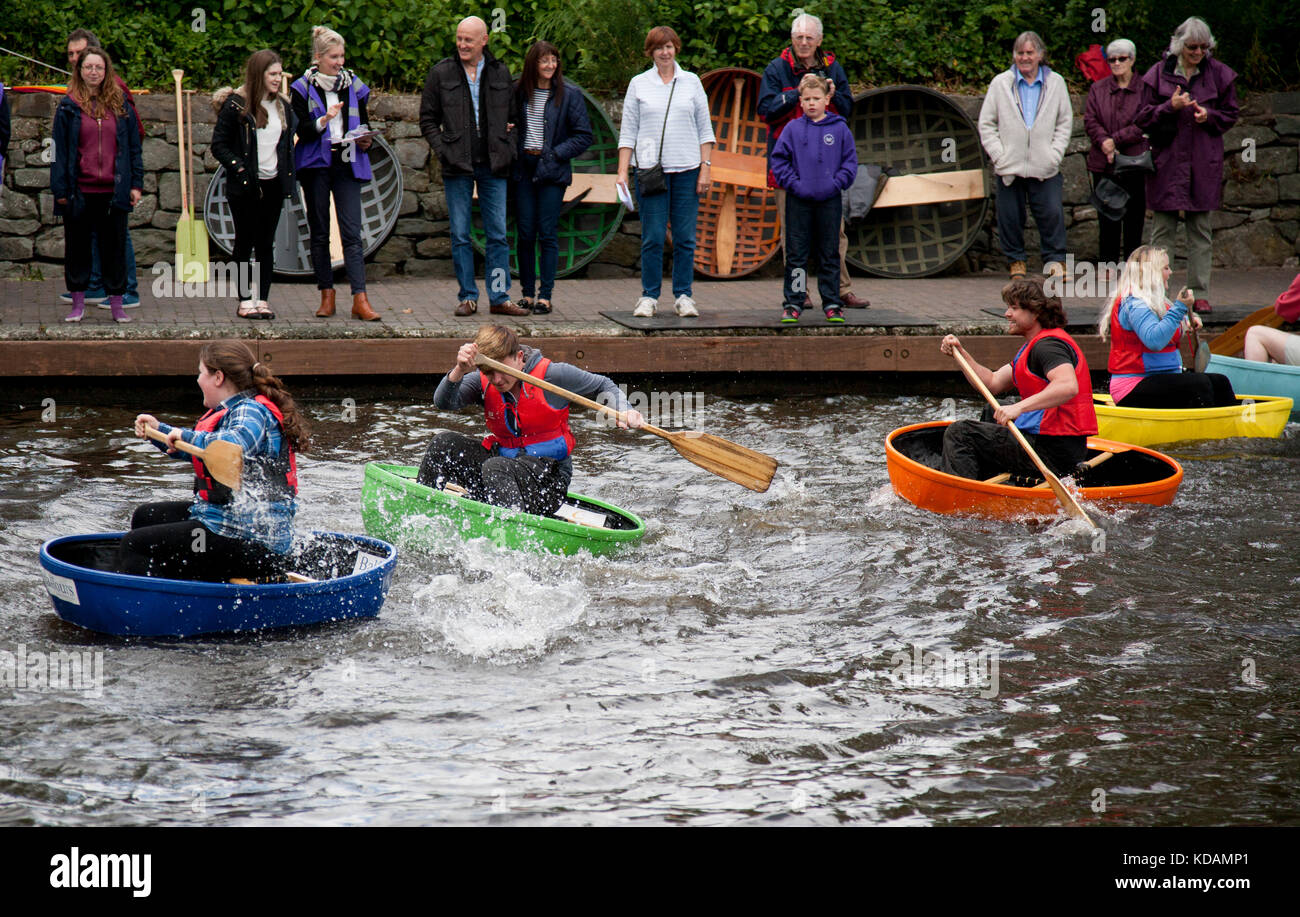 Coracle racing on a UK canal, Welsh borders Stock Photo - Alamy