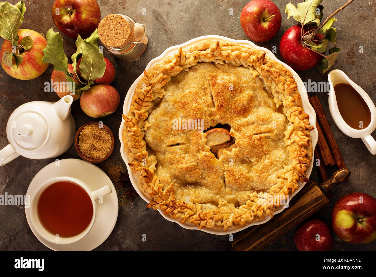 Apple pie decorated with fall leaves Stock Photo - Alamy