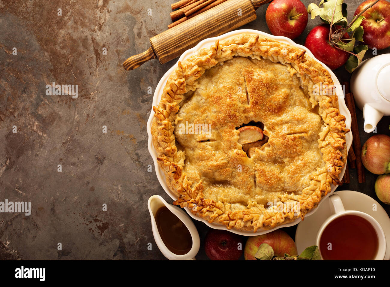 Apple pie decorated with fall leaves Stock Photo - Alamy