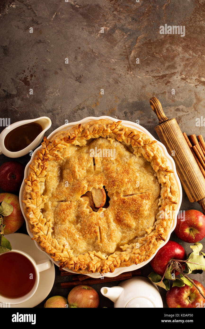 Apple pie decorated with fall leaves Stock Photo - Alamy