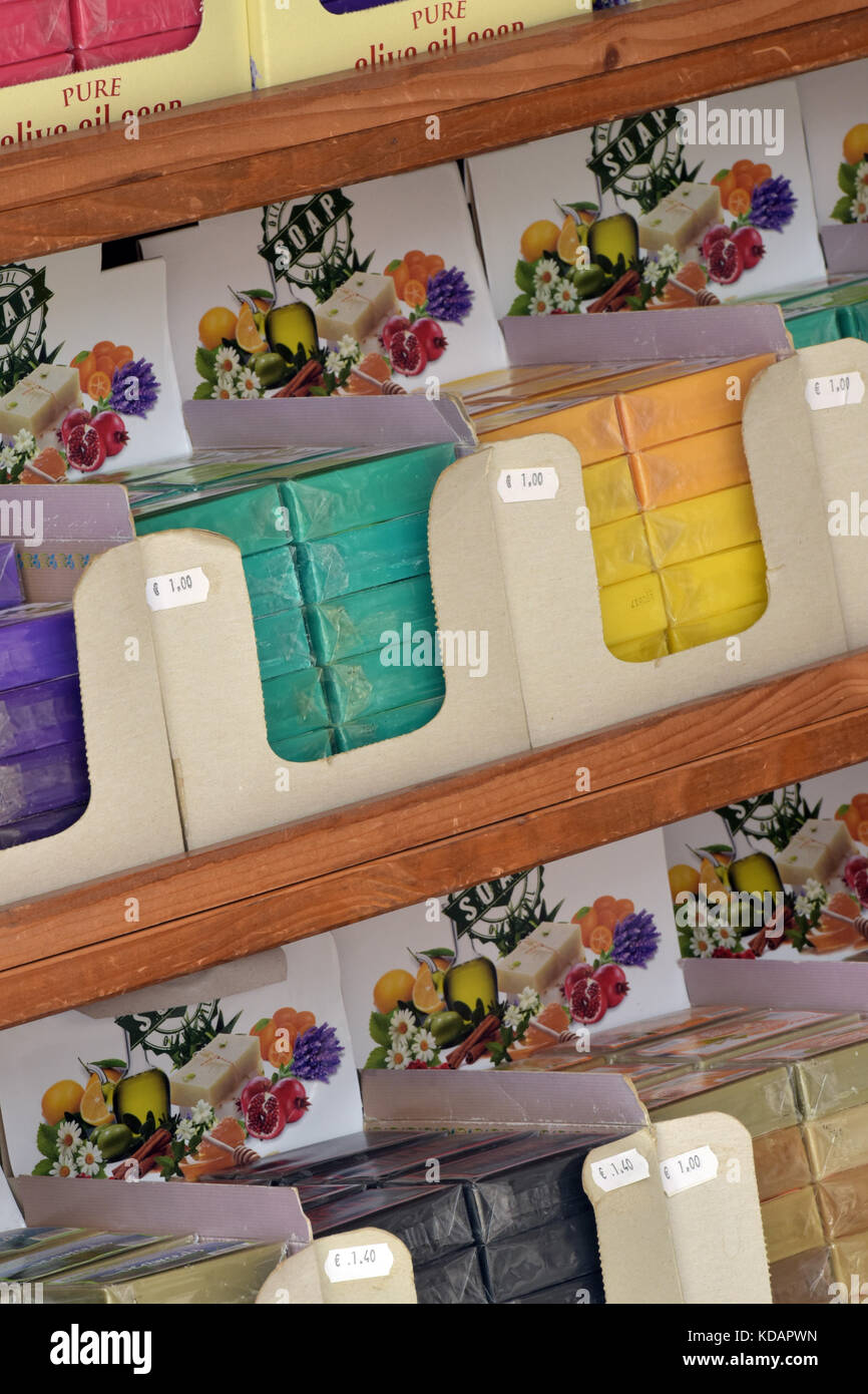 colourful scented soaps for sale at a gift or souvenir shop in Greece ...