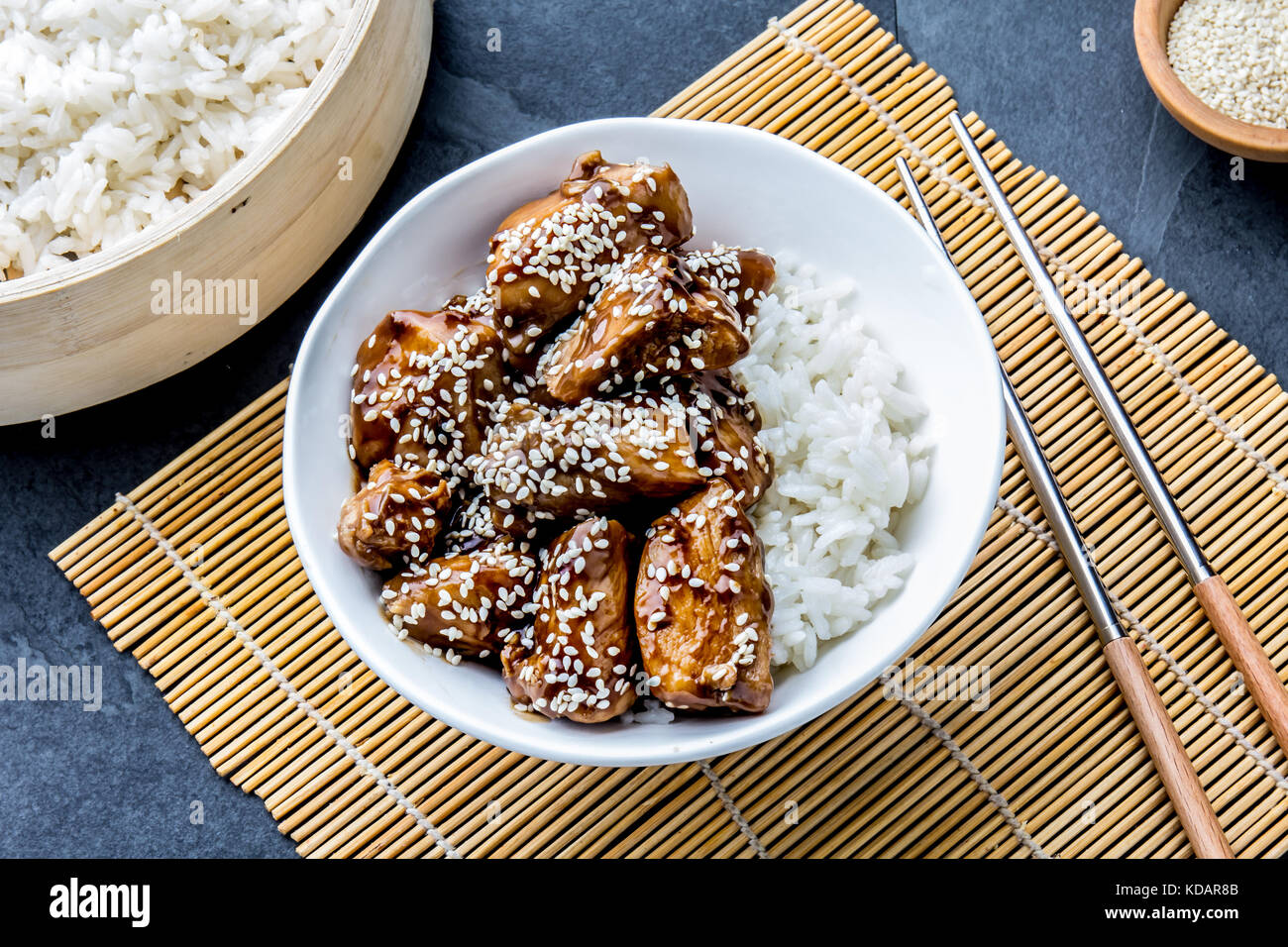 Japanese food. Chicken teriyaki with rice. slate background. Top view ...