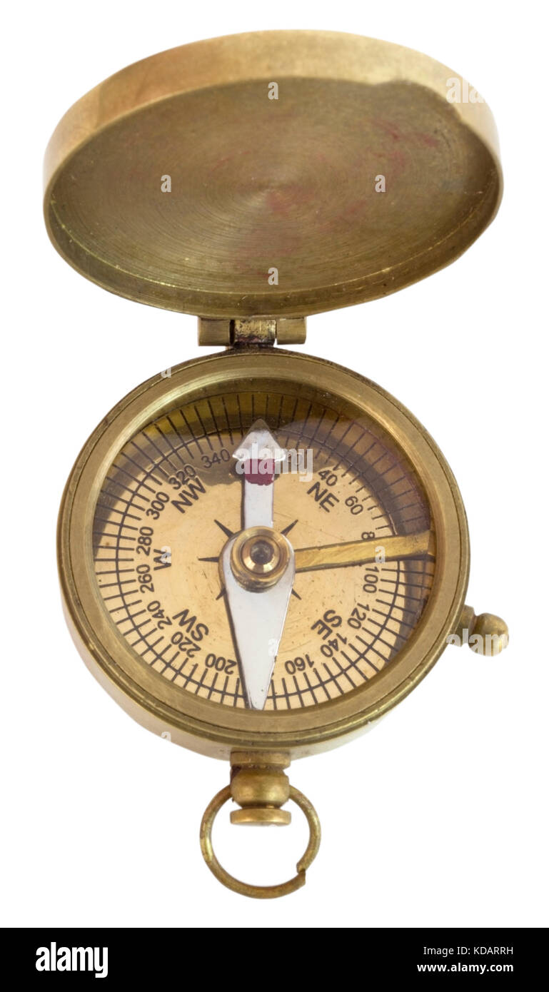 Vintage brass compass with lid open. Isolated. Vertical Stock Photo - Alamy