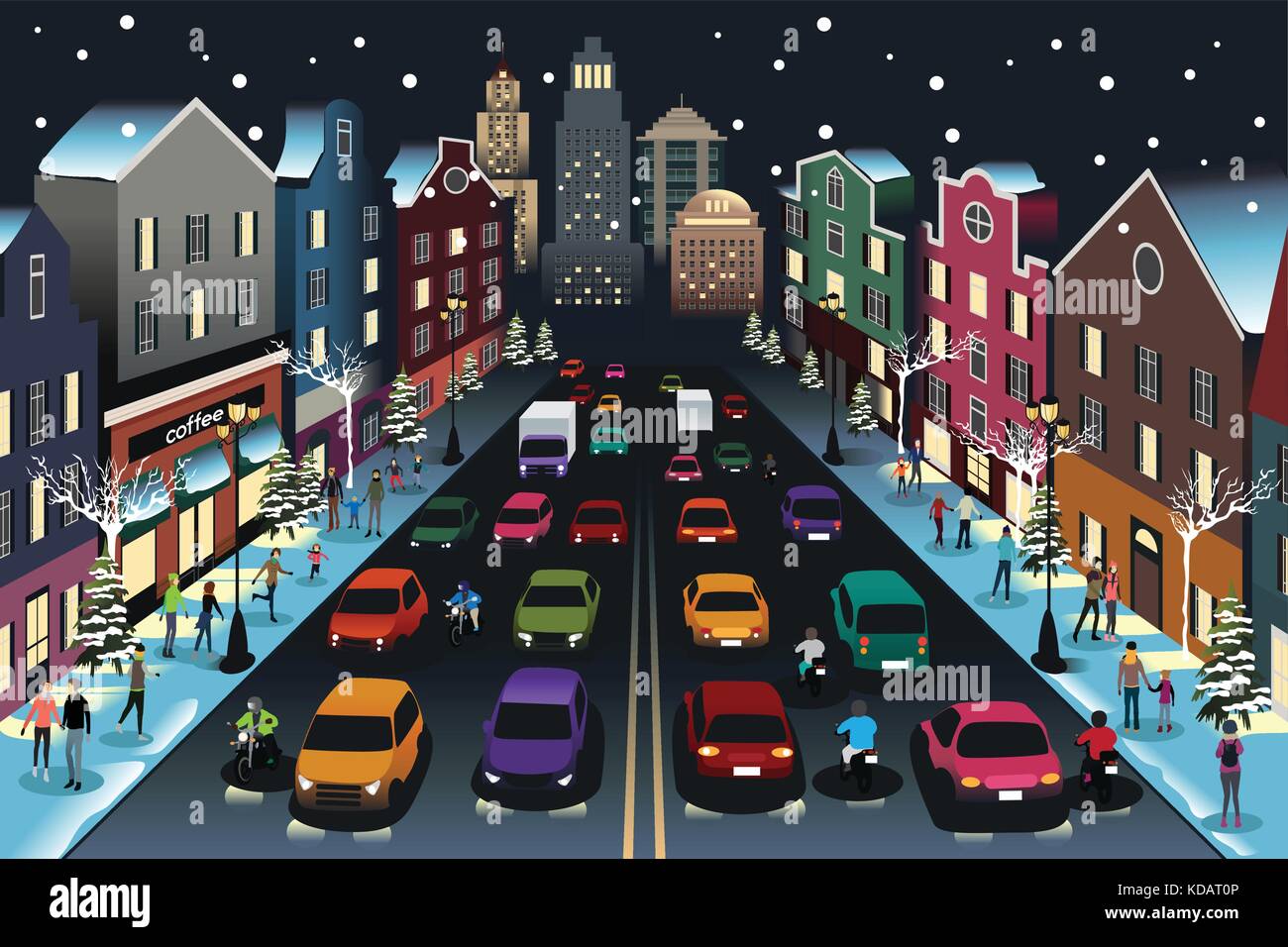 A vector illustration of City Scene with Traffic at Night Stock Vector ...