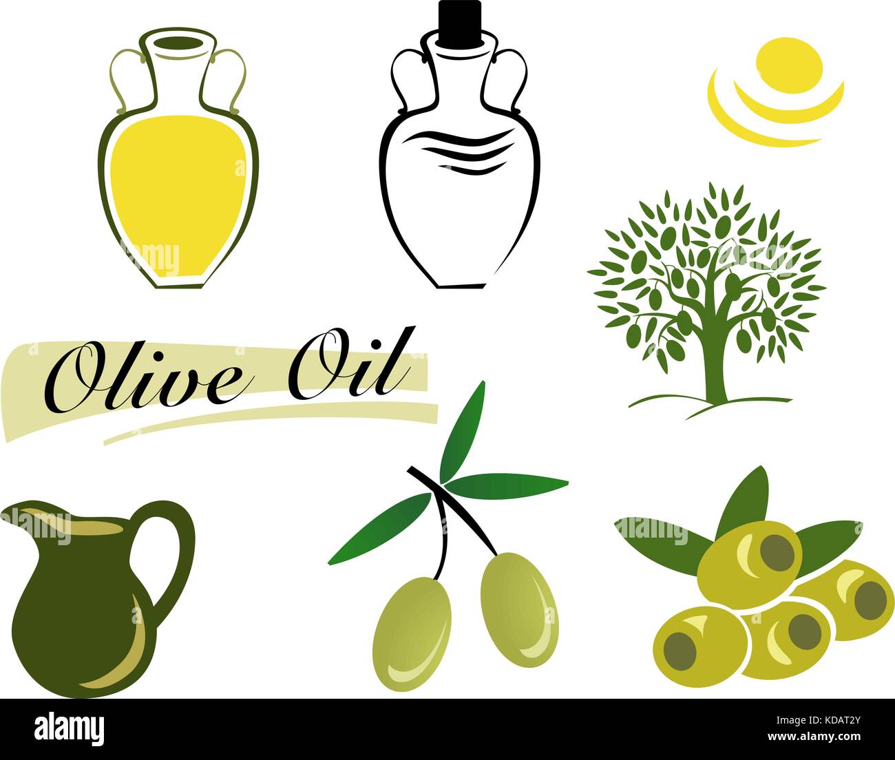 set of elements of olive oil. Branch with green olives Stock Vector ...