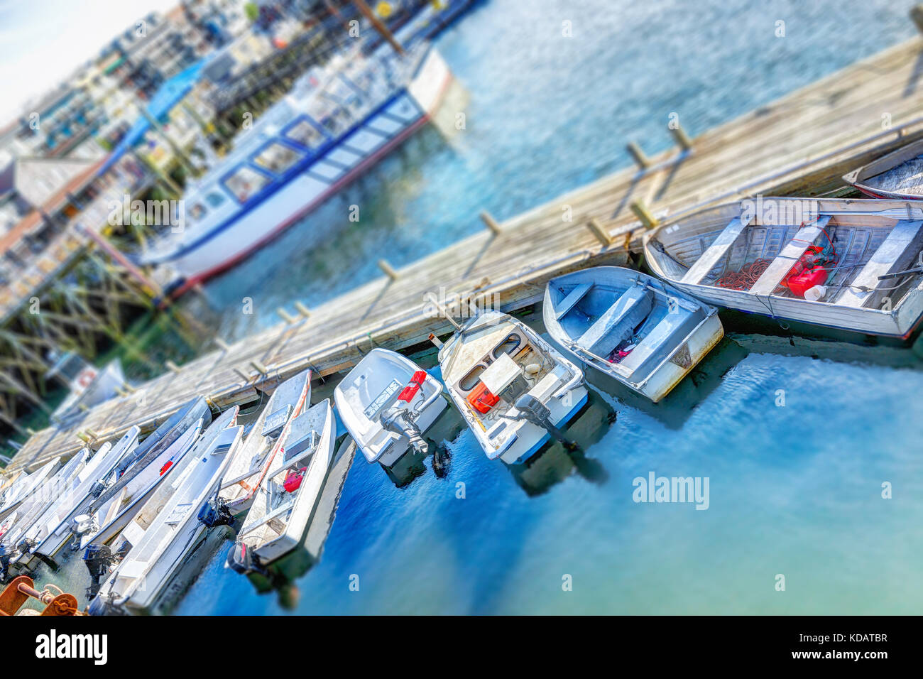 Aerial view of dock and many empty boats looking down in downtown ...