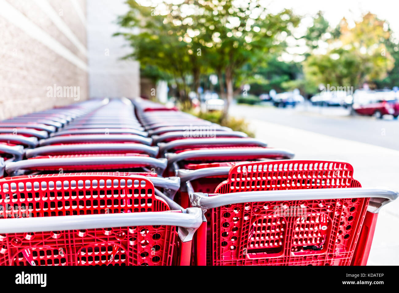 Many rows of red shopping carts outside by store with closeup by ...