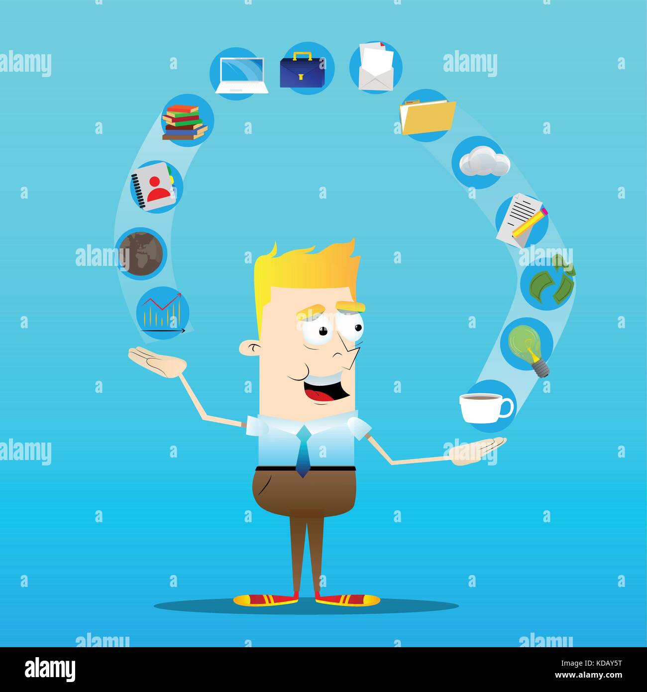 Happy smiling successful business office worker juggling icons. Vector ...
