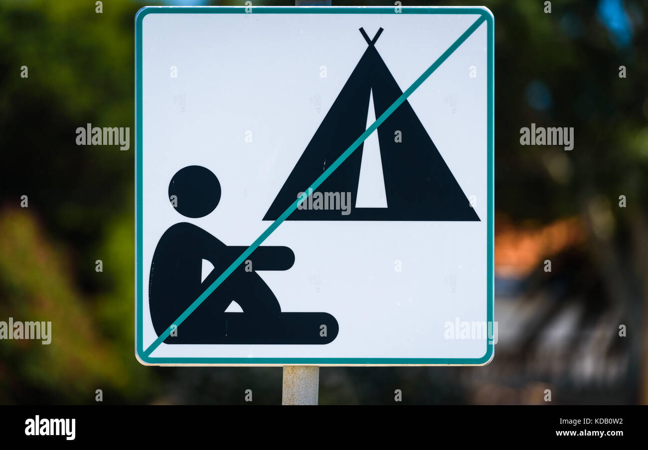Green no camping allowed warning sign in Croatia. Green camping ...