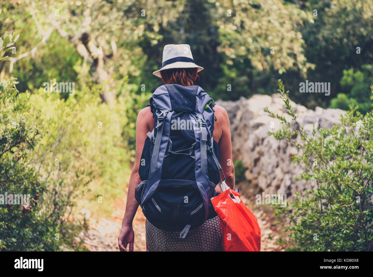 Woman hiking on country footpath with rock fence and woods. Hiker with ...