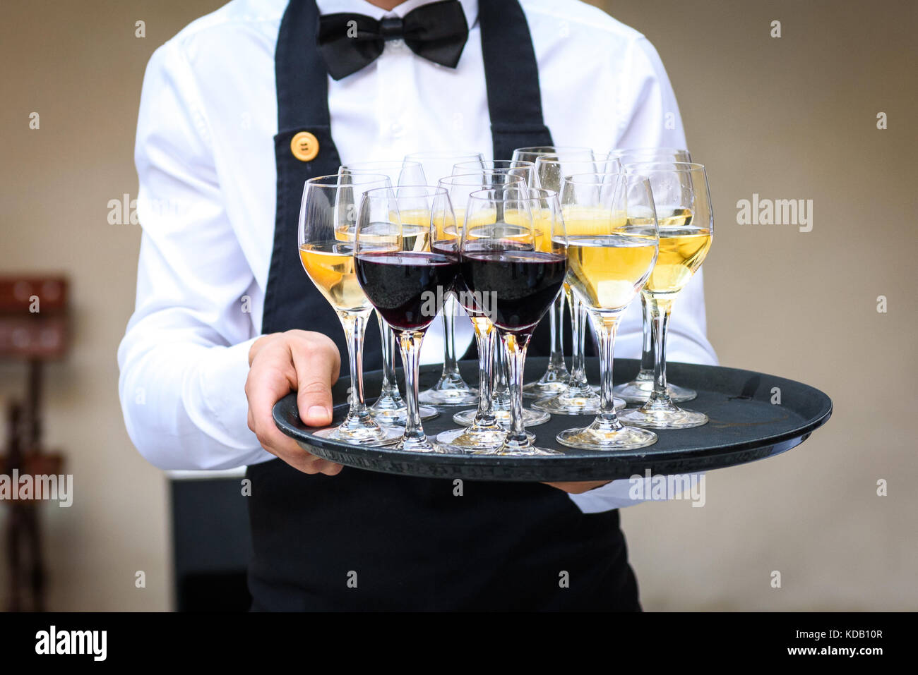 Professional waiter in black uniform serving red and white wine ...