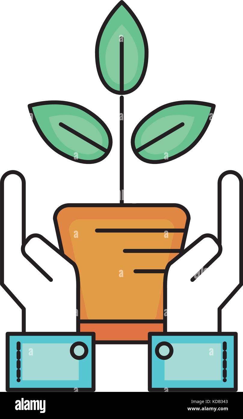 ecology plant with flowerpot and leaves with hands vector illustration ...