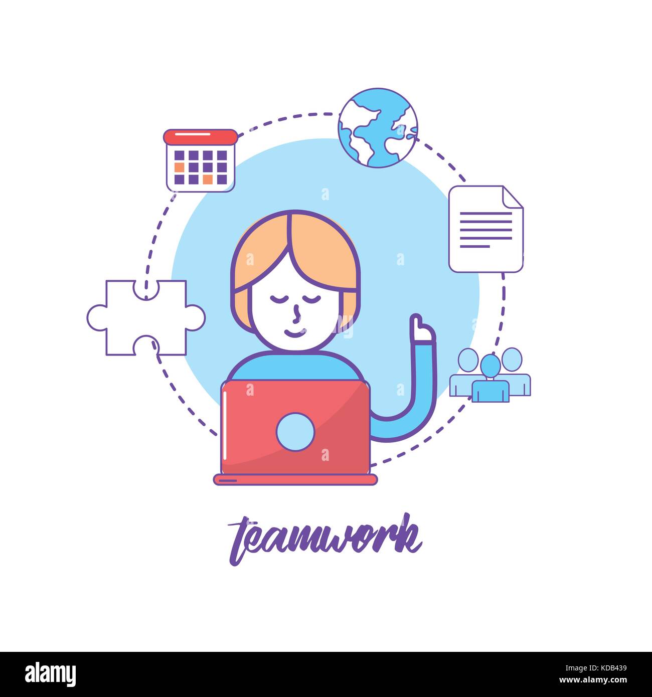 teamwork and woman with laptop media technology vector illustration ...
