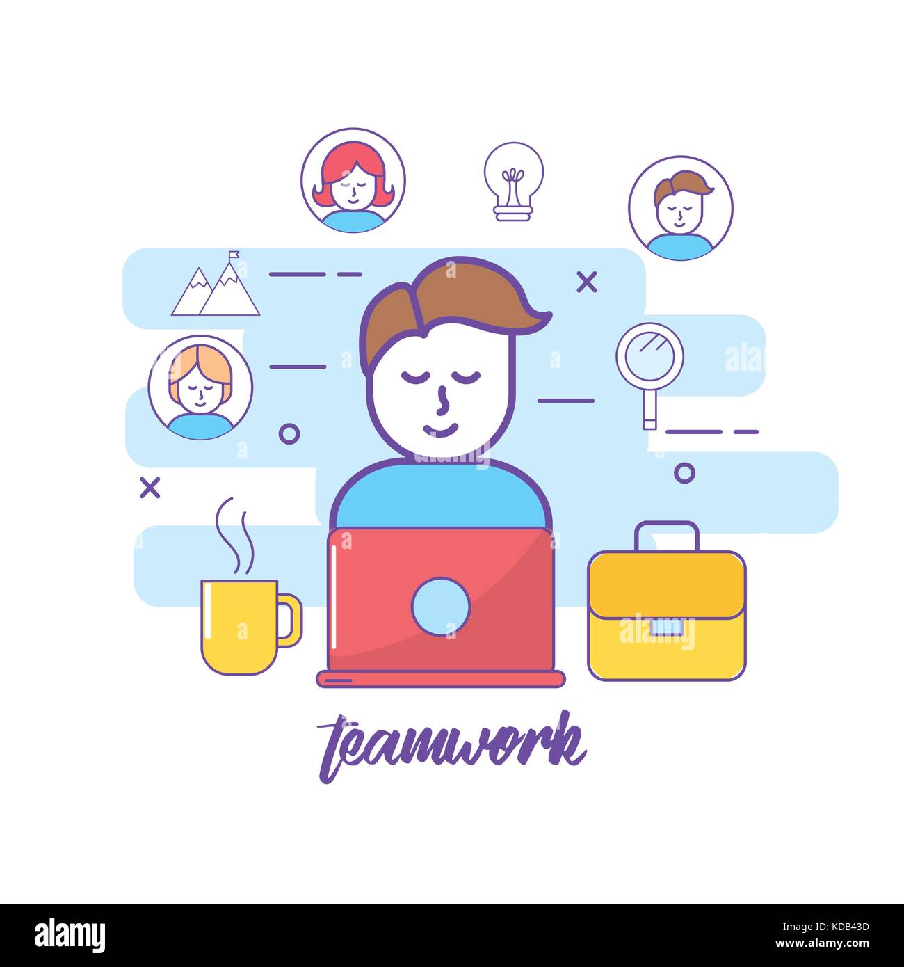 teamwork and man with laptop media technology vector illustration Stock ...