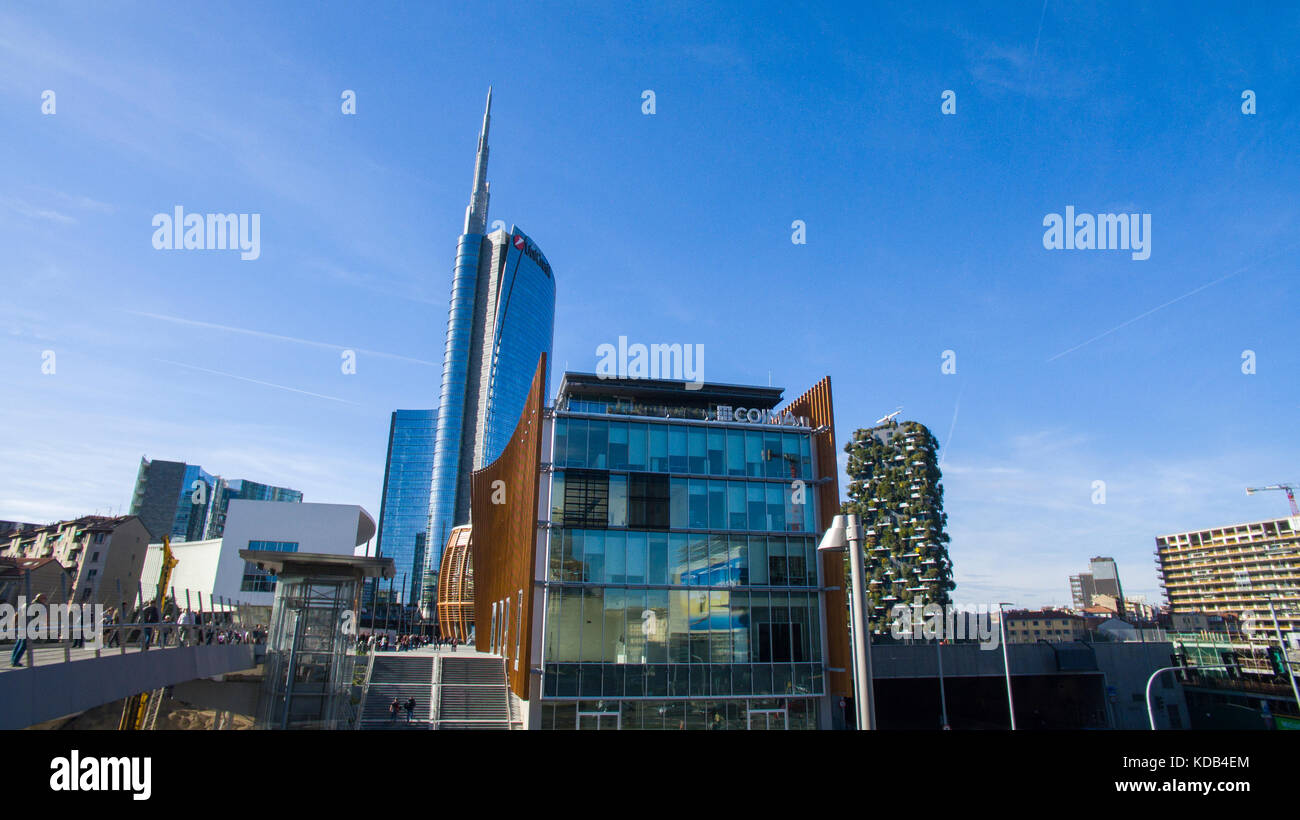 Unicredit tower and pedestrian bridge seen from Piazza Alvar Aalto ...