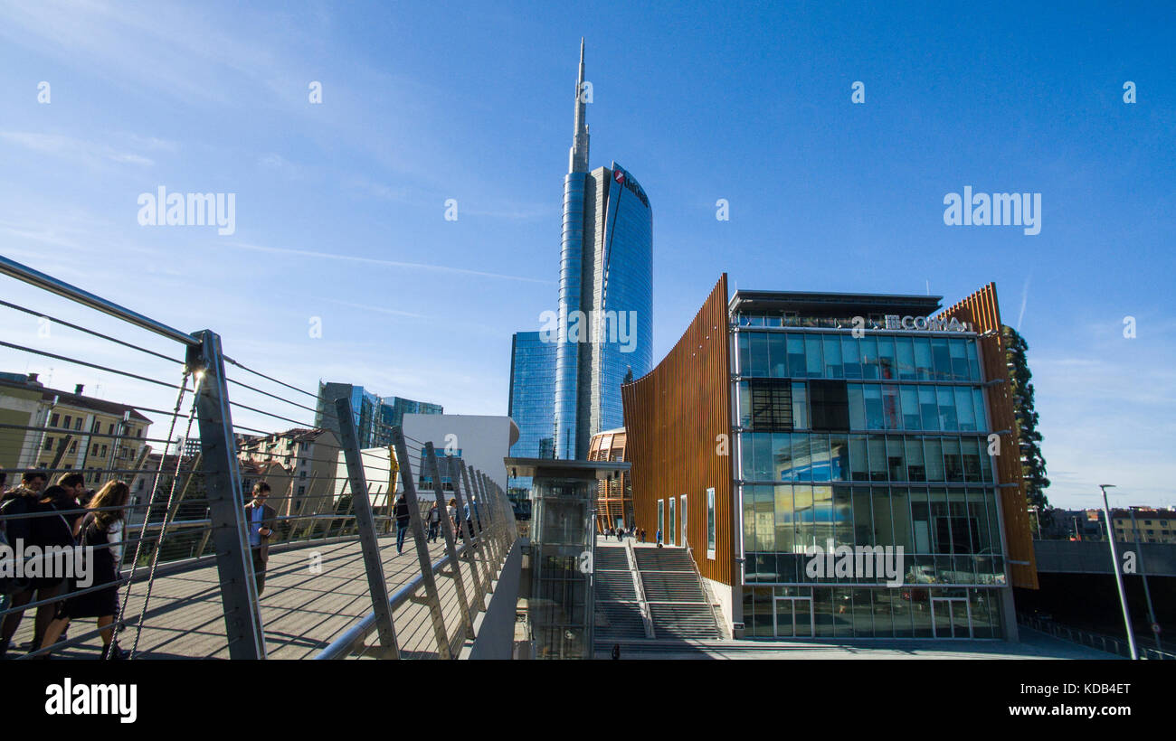 Unicredit tower and pedestrian bridge seen from Piazza Alvar Aalto ...