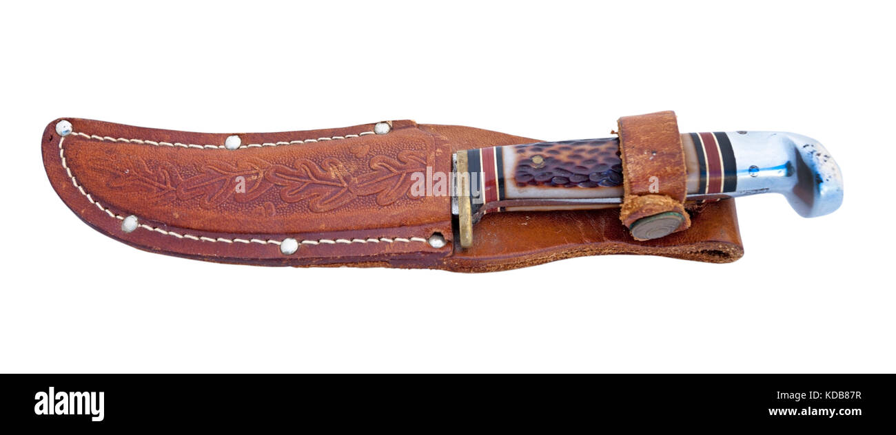 Knife with bone handle in leather scabbard Stock Photo - Alamy