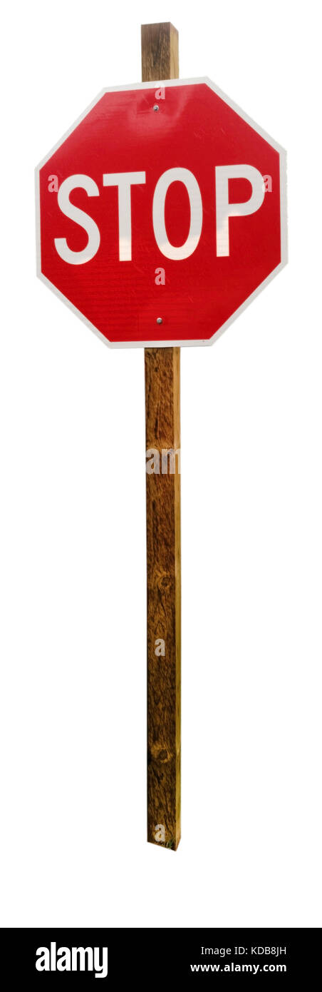 Isolated stop sign with wood pole. Isolated. Vertical Stock Photo - Alamy
