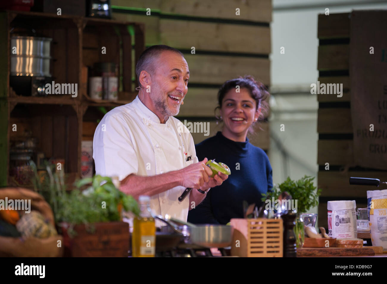 Michel roux JR smiling at cooking demo BBC good food show 2017 tower of ...