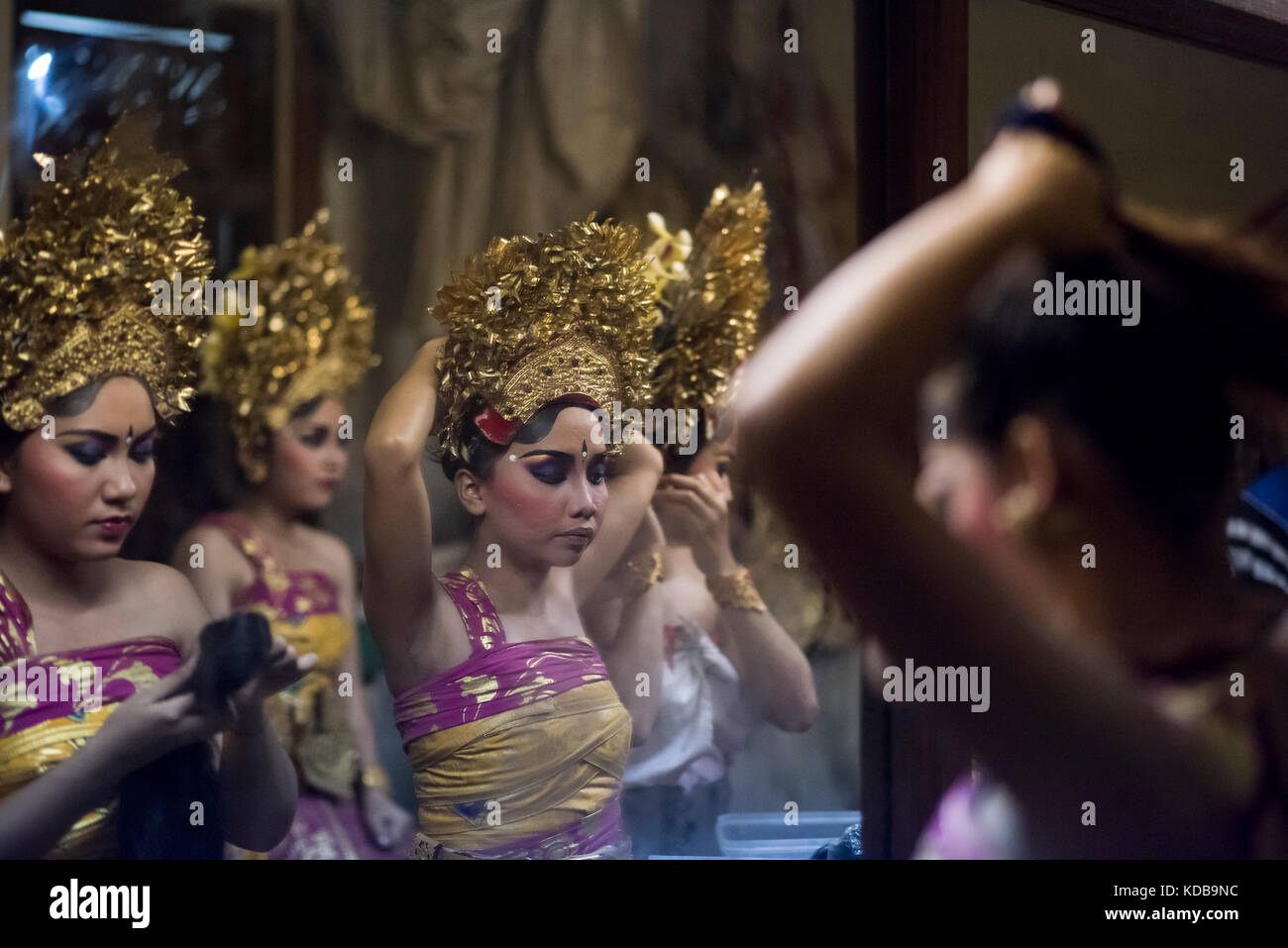 A group of female Logong dancers getting ready at the backstage before ...