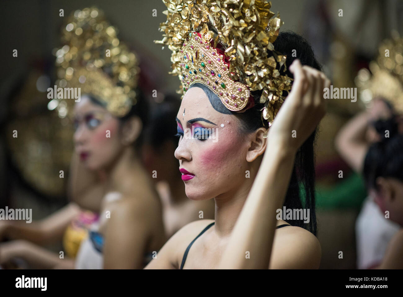 A group of female Logong dancers getting ready at the backstage before ...