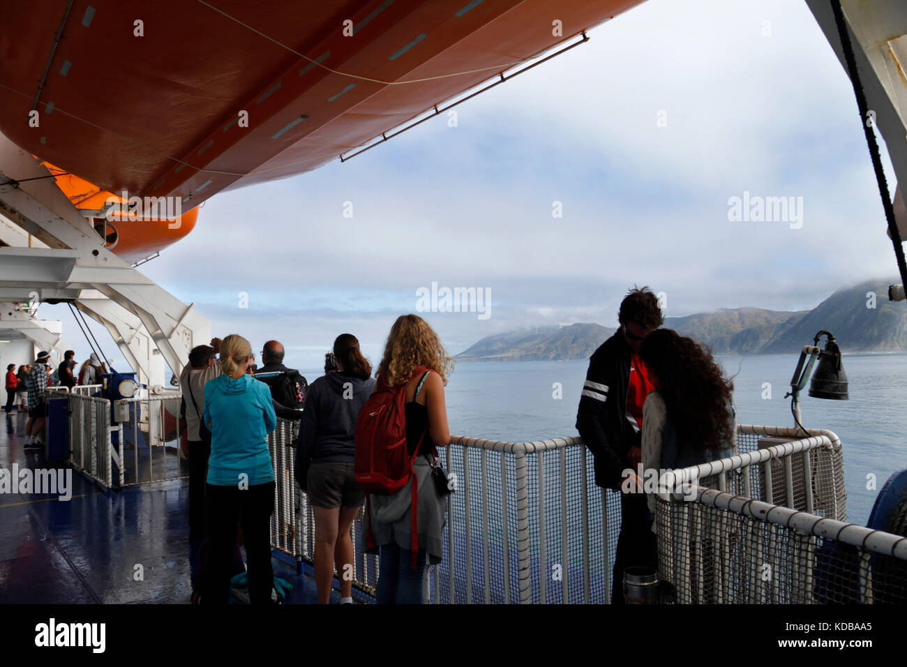 Passengers aboard Interislander Ferry crossing Cook Strait watching ...