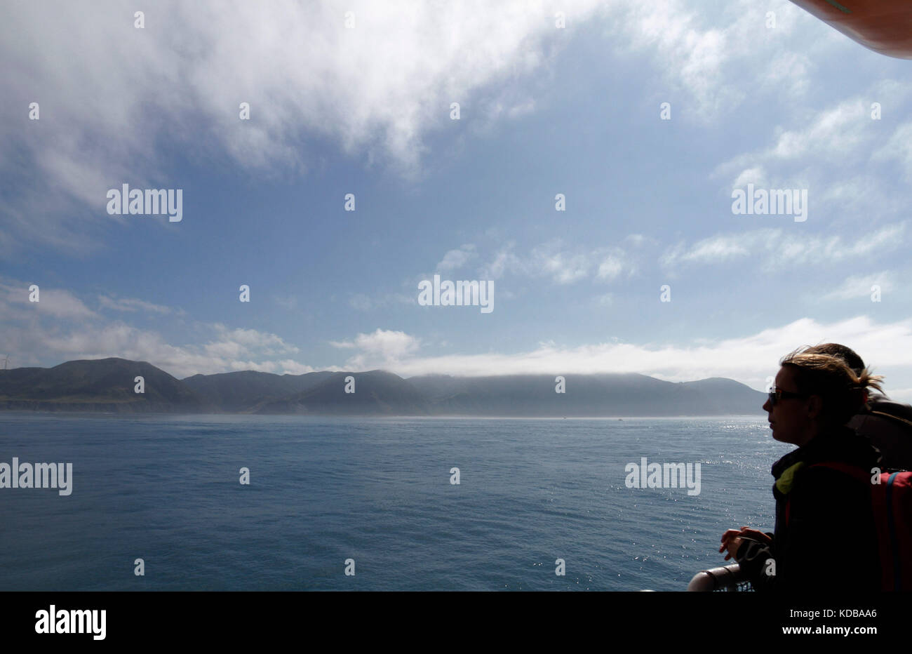 Passengers aboard Interislander Ferry crossing Cook Strait watching ...