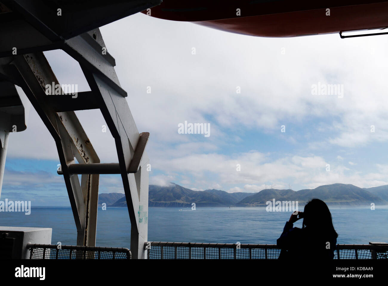 Passengers aboard Interislander Ferry crossing Cook Strait taking photo ...