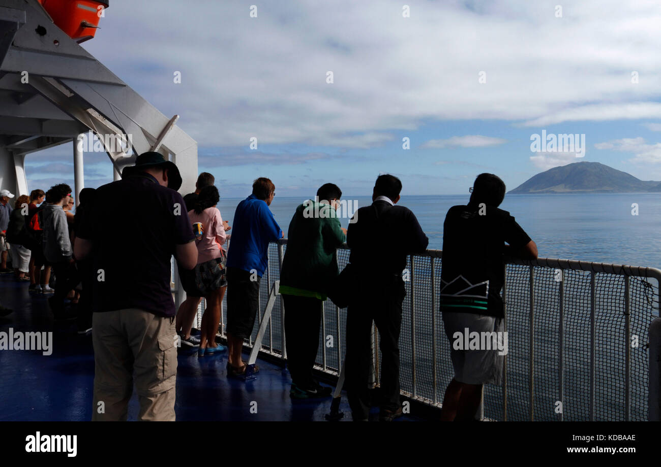 Passengers aboard Interislander Ferry crossing Cook Strait watching ...
