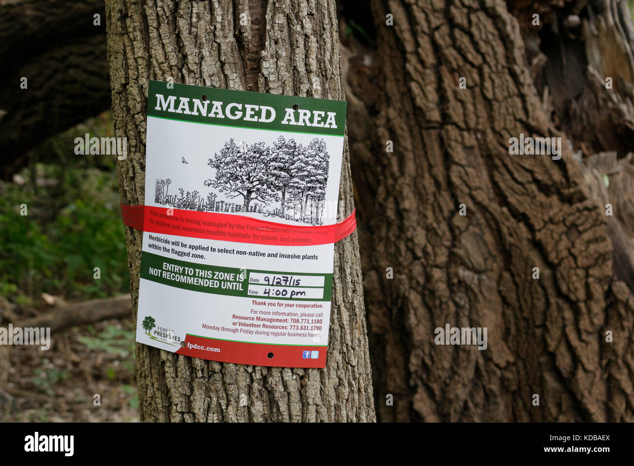 Herbicide application warning sign in a Cook County forest preserve ...