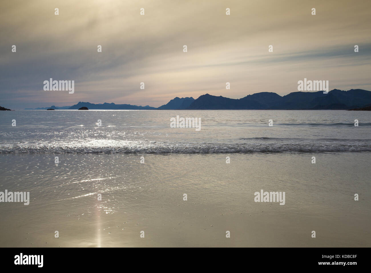 Sunset on the empty Roervik beach, Lofoten island, Norway Stock Photo ...